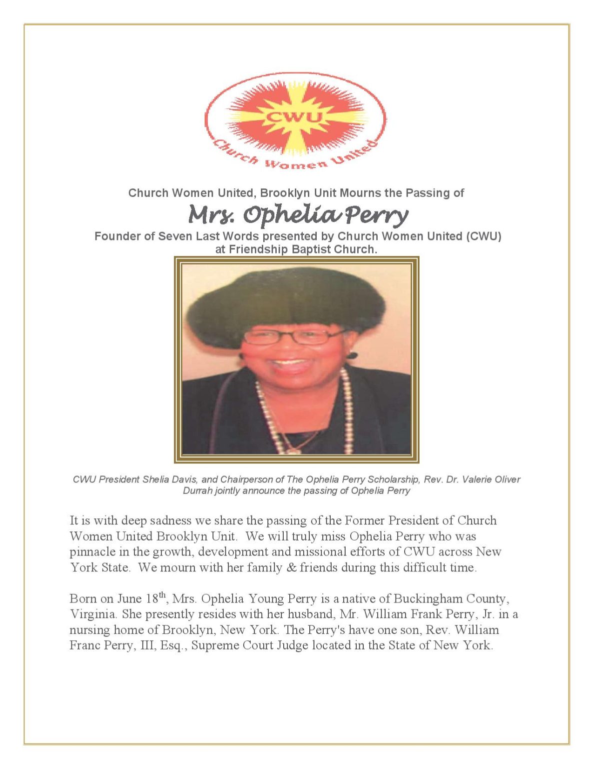 April 20 – In Memory of Mrs. Ophelia Perry – Church Women United In ...